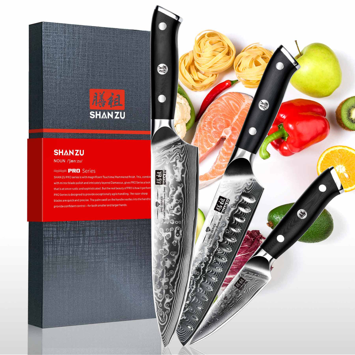 SHAN ZU 3-PCS Damascus PRO Knife Set & Gift Knife Set | Kitchen Cutlery | Razor Sharp Meat ...