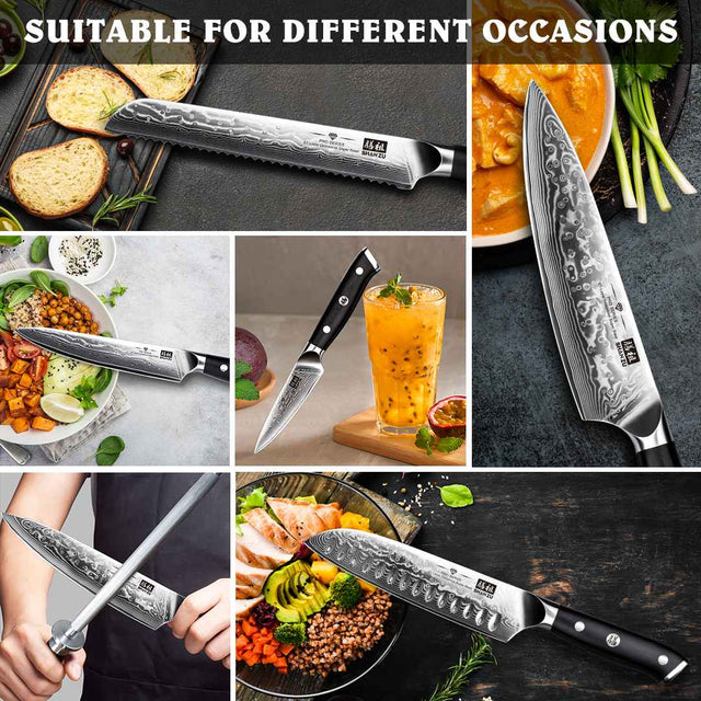 SHAN ZU 7-PCS Damascus PRO Knife Set with Block & Gift Knife Set ...