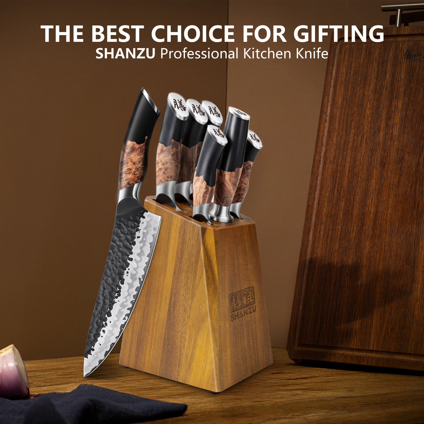 SHAN ZU 7-PCS Damascus PRO Knife Set with Block & Gift Knife Set ...