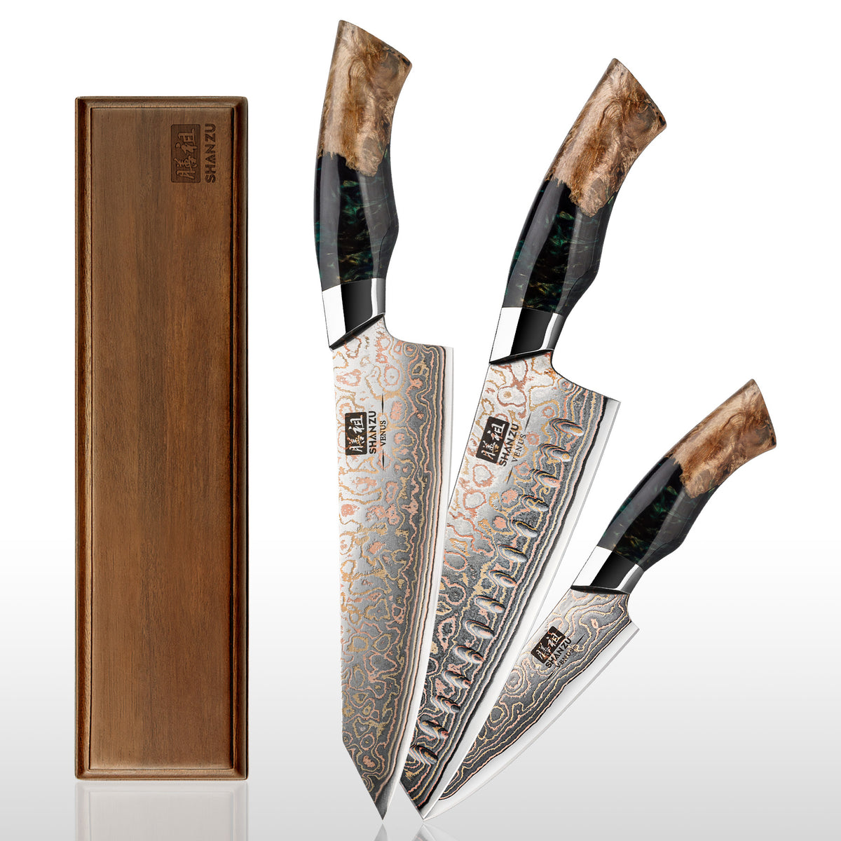 SHAN ZU Copper Damascus Chef Knife 3-PCS Set + 12" Magnetic Knife ...