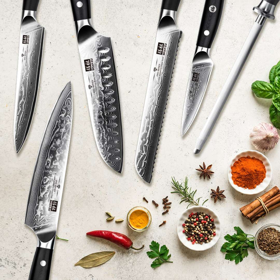 SHAN ZU 7-PCS Damascus PRO Knife Set with Block & Gift Knife Set ...