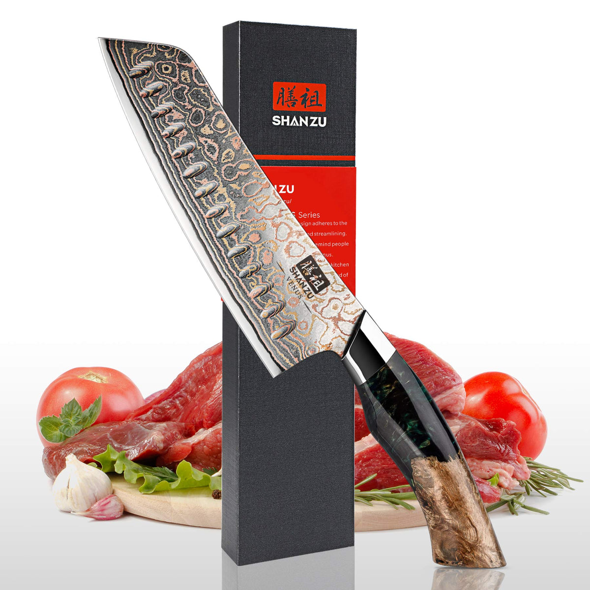 SHAN ZU 7" Blade Copper Damascus Santoku Knife | Professional Hand ...