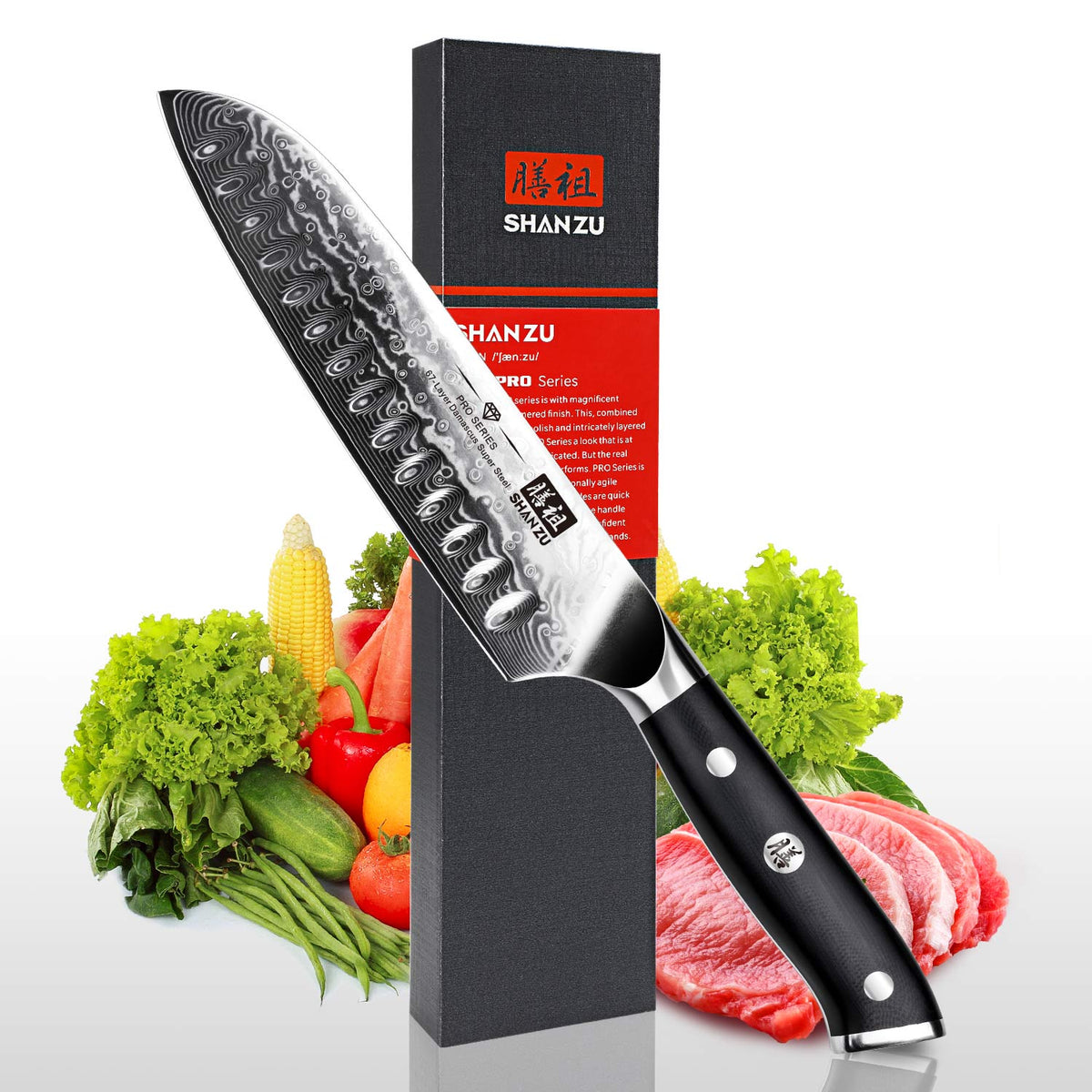 SHAN ZU 7.00" Blade Damascus Santoku Knife | Professional Hand Forged ...